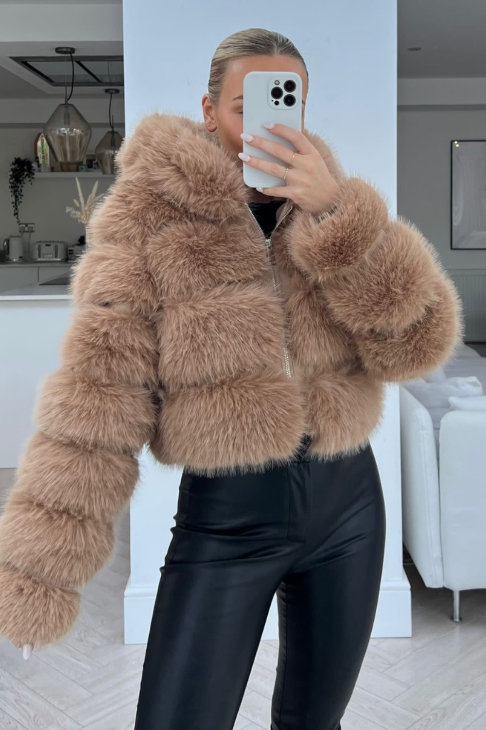 BEIGE FUR JACKET WITHA HOOD ZIP UP – Looking Good Boutique