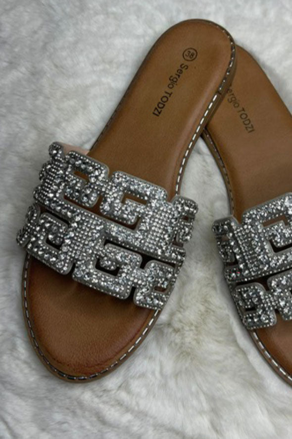 G repeat Diamante Embellished sliders Silver – Looking Good Boutique